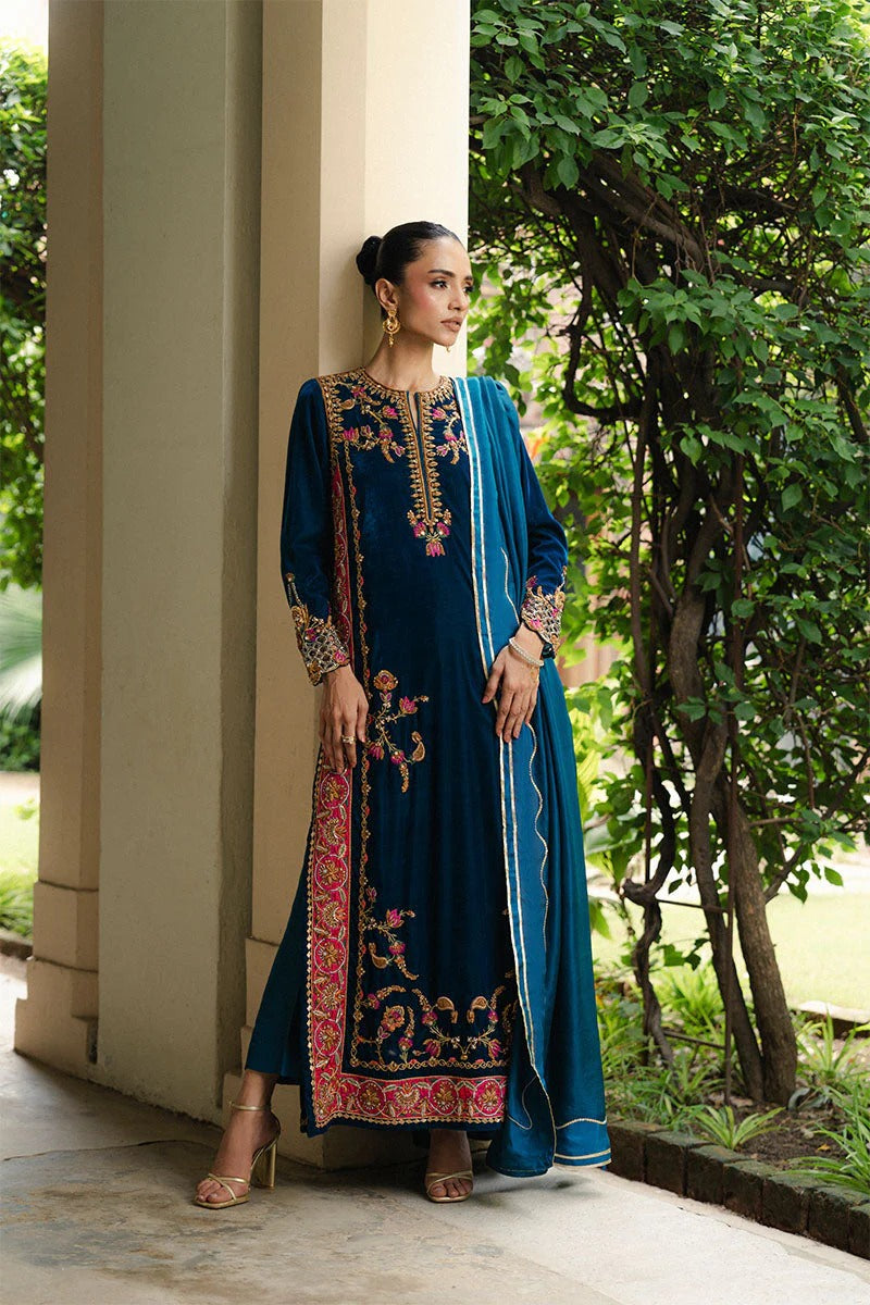 Teal Blue Micro Velvet Hand-Embellished Adda Work Suit – UZS Collection USA